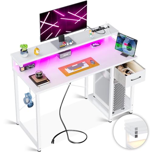 AODK Computer Desk with Power Outlet & LED Light Strip, Office Desk ...