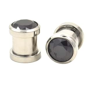 Amazon.com: Pair (2) Black CZ Large Gem Steel Ear Plugs Screw Fit ...