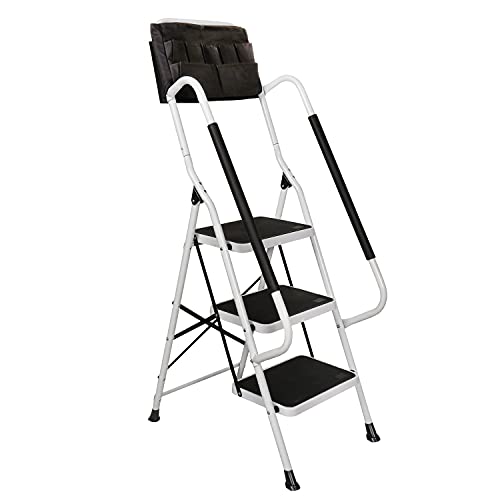 SUPPORT PLUS Folding 3-Step Safety Step Ladder - Padded Side Handrails ...