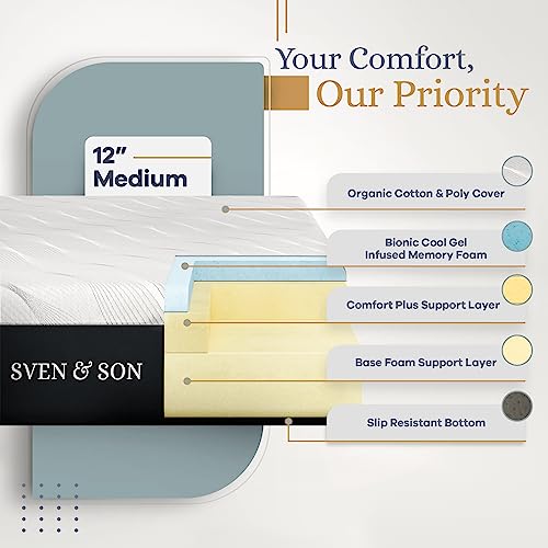 Sven & Son Bliss Series Adjustable Bed Base + 12" Split King, Luxury Cool Gel Memory Foam ...