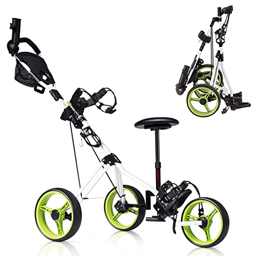 Tangkula Golf Push Cart with Seat, Lightweight Folding 3 Wheels Golf ...