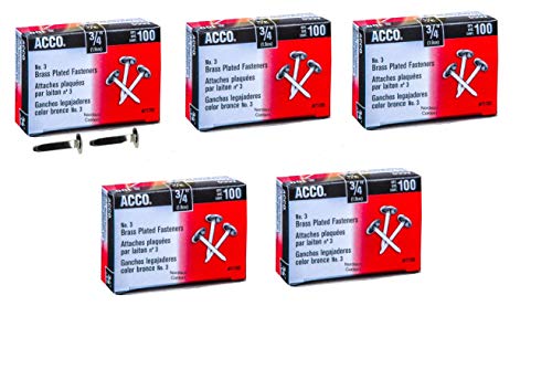 ACCO Brass Fasteners, 3/4", Plated, 100 Fasteners/Box, 5 Boxes, 500 ...