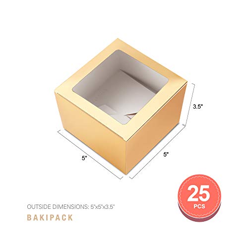 BAKIPACK 25 Gold Bakery Boxes with Window 5x5x3.5 Inches, Dessert Boxes ...