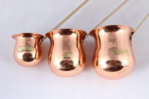 3 Traditional Copper Measuring Cups / Ladles (Labelled Rum, Brandy ...