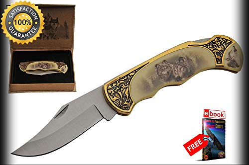 Buy Folding Pocket Sharp Stainless Blade 4.75'' Wolf Wildlife Wooden ...