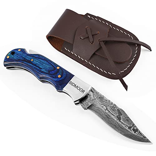 BIDMOOR Folding Damascus Steel Knife- 6.5" Blue Wood Custom Handmade ...