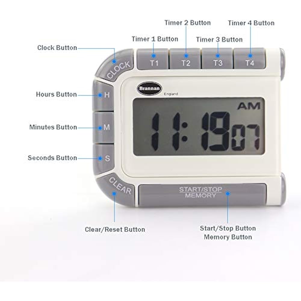 Four Way Countdown Timer & Clock - 24 Hour Down Up Kitchen Large Easy ...