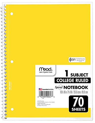 Mead Spiral Notebook, 6 Pack of 1-Subject College Ruled Spiral Bound ...