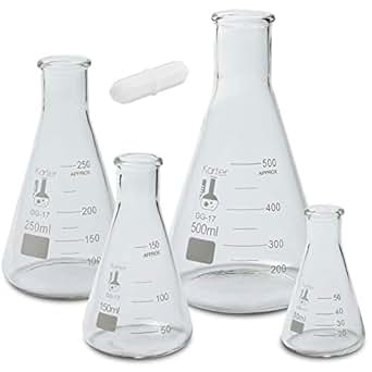 Glass Erlenmeyer Flask Set with Magnetic Stir Bar - 4 Sizes - 50, 150 ...