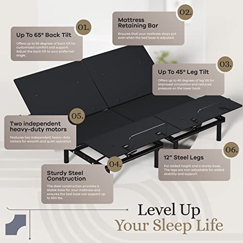 Sven & Son Essential Adjustable Bed Base (Frame Only), Easy Assembly, Head and Foot Lift, Memory ...
