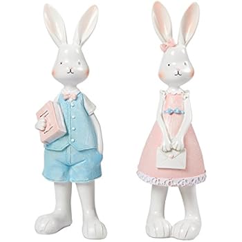Amazon.com: Set of 2 Vintage Rustic Country Bunnies Figurine Ornament ...