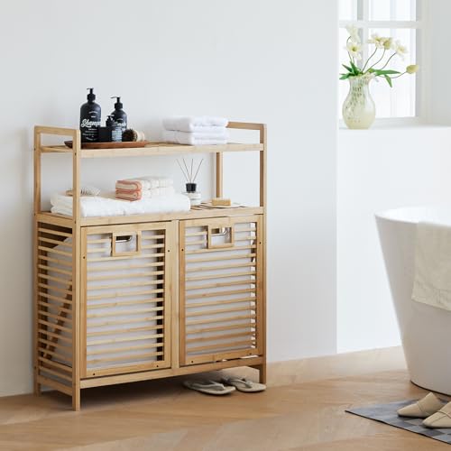 Baveke Double Tilt Out Laundry Hamper, Bamboo Hamper with 2 Removable ...