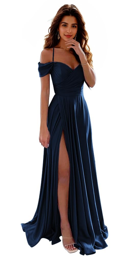 Women's Off The Shoulder Satin Prom Dresses Long High Slit A-line Formal Party Evening Gown with ...