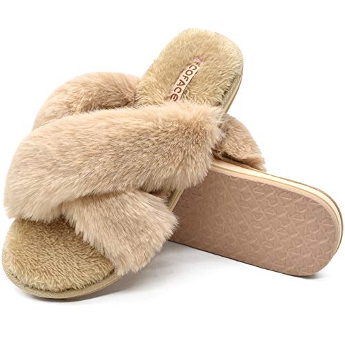COFACE Womens Fuzzy Slides Fluffy Faux Fur Cross Slippers Open Toe Yoga Mat House Slippers ...