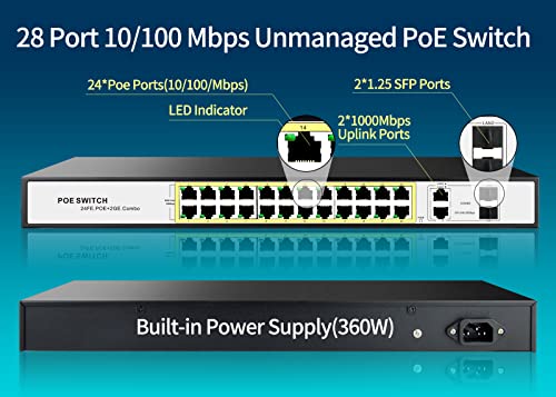 STEAMEMO 28 Port PoE Switch, 24 PoE+ Port@ 360W, 2 Gigabit Uplink, 2*1G ...