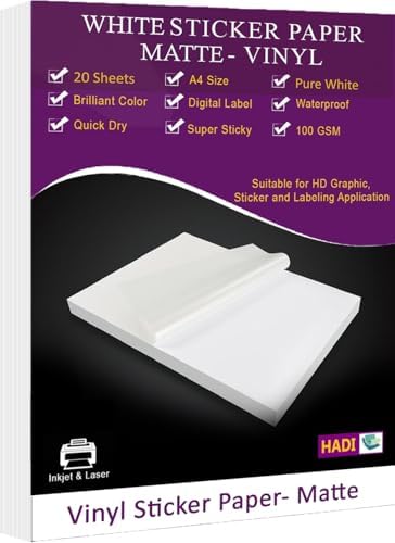 A4 White Matte Vinyl Sticker Paper-Printable 20 Sheets Self Adhesive ...