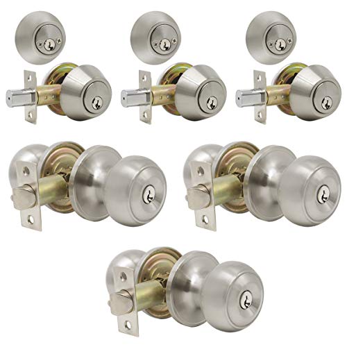 3 Pack Keyed Alike Entry Door Knob and Deadbolt Set in Satin Nickel for ...