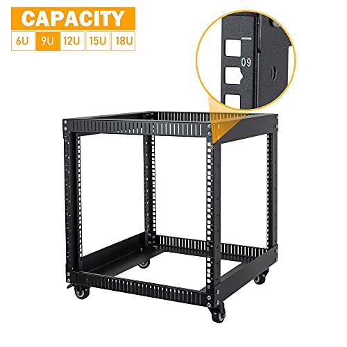 RIVECO 9U Open Frame Server Rack with Casters- Heavy Duty 4 Post Quick ...