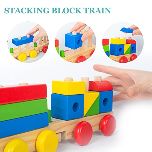 MICKYU Wooden Train Set for Toddlers, Building Blocks and Shape Sorter ...