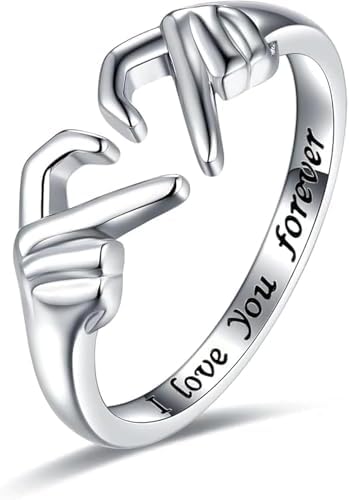 DuMesho Heart Hug Ring, Silver Adjustable Heart Ring Hugging Hands Ring ...