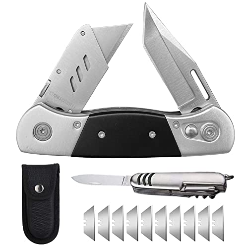 Folding Utility Knife with Sheath and 10 Razor Blades, Heavy Duty Box ...