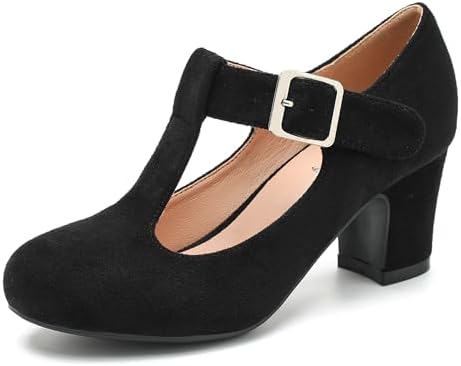 Eugisy Women's T-Strap Mary Jane Pumps Low Block Chunky Heels Closed ...