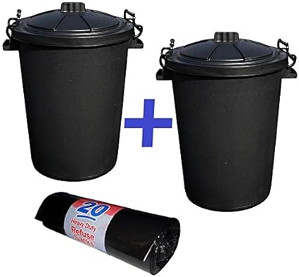 2 x Large 80/85L Litre Black Plastic Bin Rubbish Waste Dustbin + 20 ...