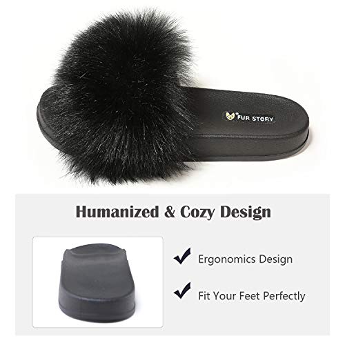 Women's Furry Slides Faux Fur Slides Fuzzy Slippers Fluffy Sandals Outdoor Indoor£¨Black-9.5 ...
