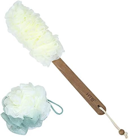 Wooden Handle Loofah and Poufs Set, Teak Wood Long Handle Soft Body ...