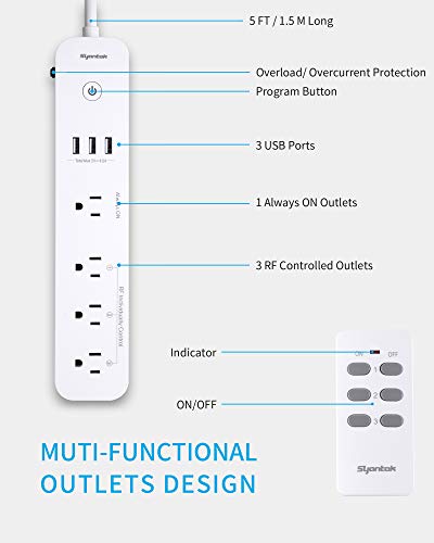 Syantek Remote Control Power Strip with 3 USB Ports, 3 RF Controlled ...