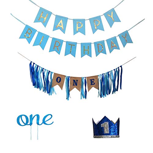 Buy Blue Happy Birthday Banner, 1st Birthday Highchair Banner, One Cake ...