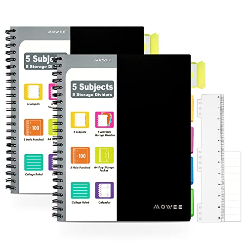 MOWEE 5 Subject Notebook, 2 Pack College Ruled Notebook with Storage ...