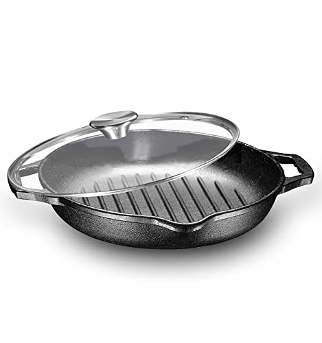 Pre-seasoned Deep Round Grill Cast Iron Griddle Pan with Glass Lid 10 ...