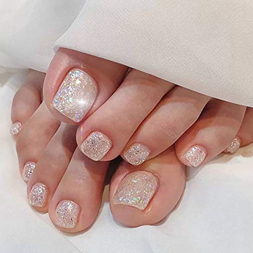 deladola Glitter Fake Toenails Silver Sequin Foot False Nails Crystal ...