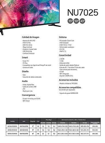SAMSUNG UE43NU7025, Televisor 43'' UHD 4K Smart TV 1300HZ PQI DVB-T2CS2 ...