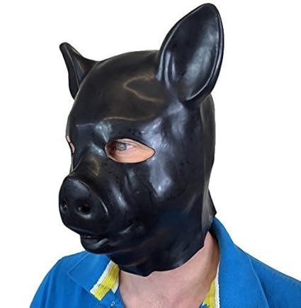 LATEX RUBBER BLACK GUM FETISH PIG MASK FULL HEAD HOOD PIGGY ANIMAL SUIT ...