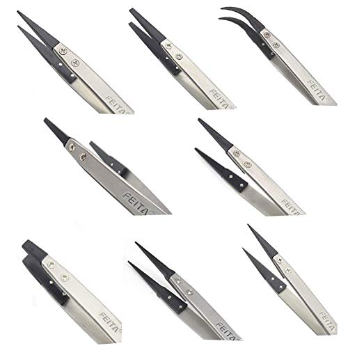 Precision Tweezers Set - FEITA Antistatic Replaceable Fiber Tip Stainless Steel ESD Tweezers for ...