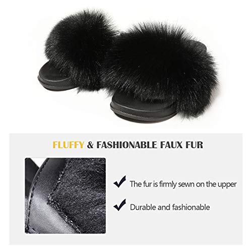 Women's Furry Slides Faux Fur Slides Fuzzy Slippers Fluffy Sandals Outdoor Indoor£¨Black-9.5 ...