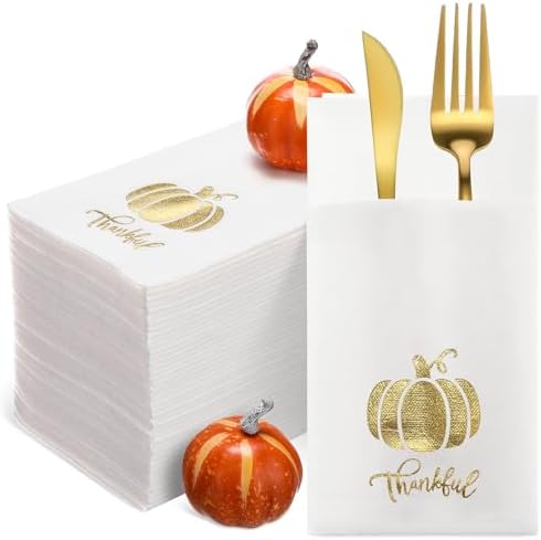 Janlaugh 100 Pcs Fall Thanksgiving Napkins Disposable White and Gold ...