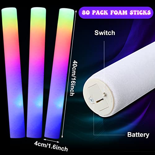 80 Pack LED Foam Sticks Colorful Flashing Glow Sticks Wands 16 Inch ...