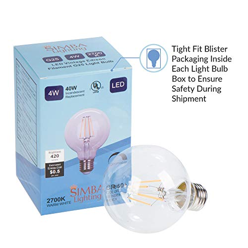 Simba Lighting LED Edison Vintage Vanity Globe Filament G25 (G80) 4W Dimmable 40W Equivalent (6 ...
