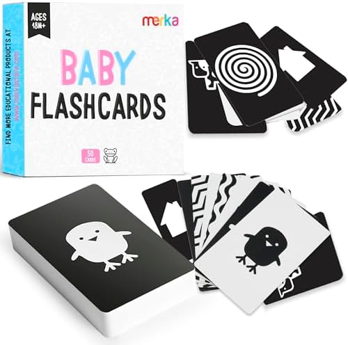 merka High-Contrast Baby Flashcards – Set of 50 Black-and-White Flash Cards for Visual ...