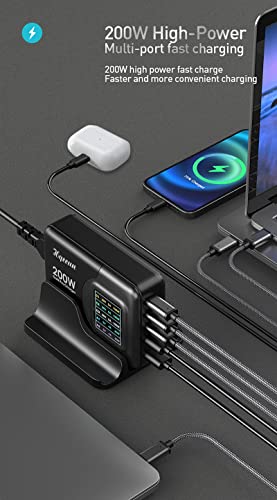 Hqeeun 200W USB C Charger GaN Chargers, 5 Ports Desktop Fast Charging Station with LCD Display ...