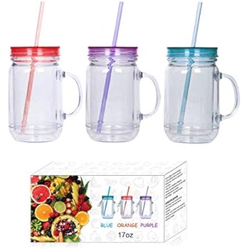 Amazon.com: Plastic Mason Jars with Handles, Lids and Straws | 20 oz Double Insulated Tumbler ...