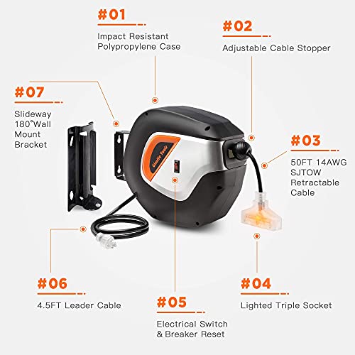 Giraffe Tools DE14 Retractable Extension Cord Reel 50 ft 14/3AWG Power Cord Storage Reel Wall ...