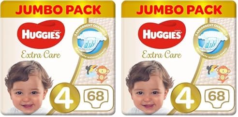 Huggies Extra Care, Size 4, 8-14 kg, Jumbo Pack, 68 Diapers (Pack of 2 ...