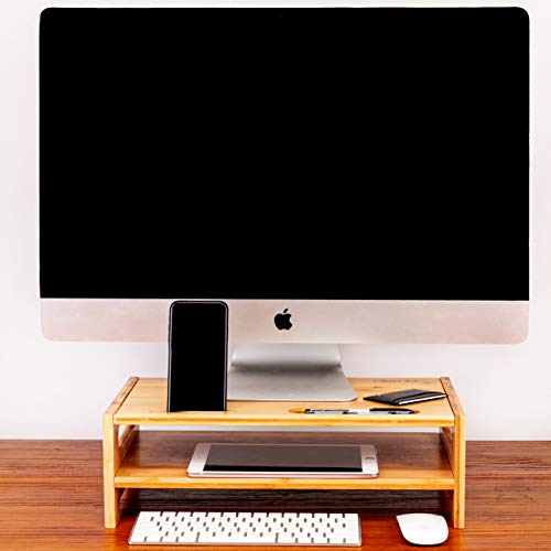 2-Tier Bamboo Monitor Stand, Compact Monitor Riser, Computer Desk ...