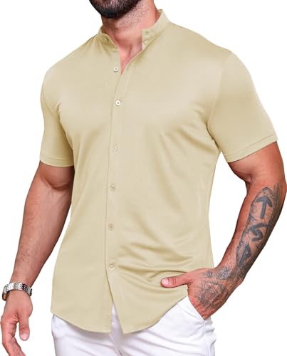 URRU Men's Muscle Dress Shirts Slim Fit Stretch Banded Collar Short Sleeve Wrinkle Free Casual ...