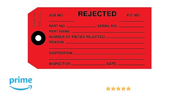 Rejected Tag Red Size # 6 5-1/4 x 2-5/8 Pack of 100 PRE-WIRED 2 part ...