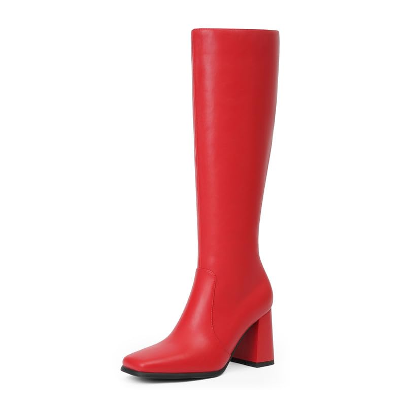 Modatope Women Knee High Boots Red Chunky Heel Fall Boots for Women ...